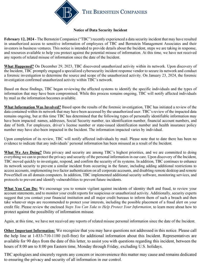 a notice to our partners - The Bernstein Companies